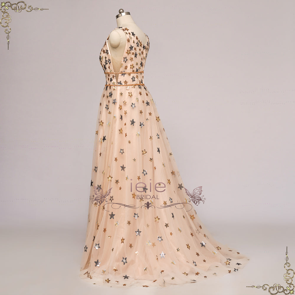 Champagne Star Sequins Lace Wedding Dress | STELLE – ieie