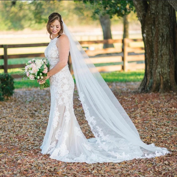 Long Lace Wedding Veil with Floral Applique on Train VG2022 – ieie