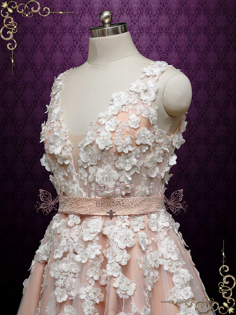 Boho Blush Wedding Dress with 3D Lace CASSIA – ieie