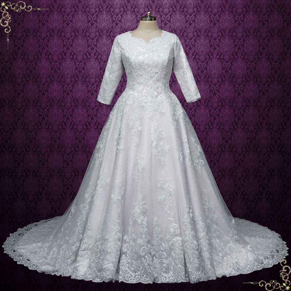 Classic Modest Lace Ball Gown Wedding Dress with Sleeves | MURIAL – ieie