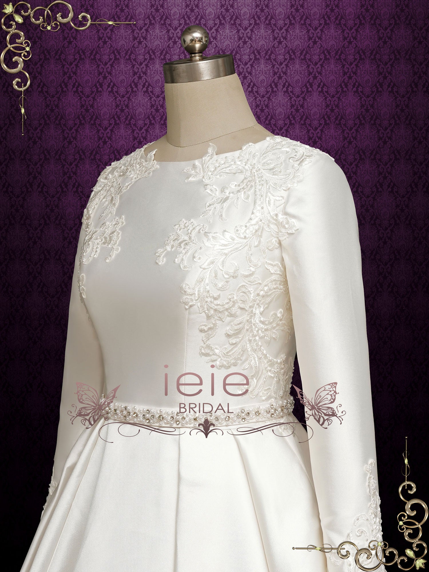 Modest Satin Lace Ball Gown Wedding Dress with Long Sleeves SAHAR – ieie