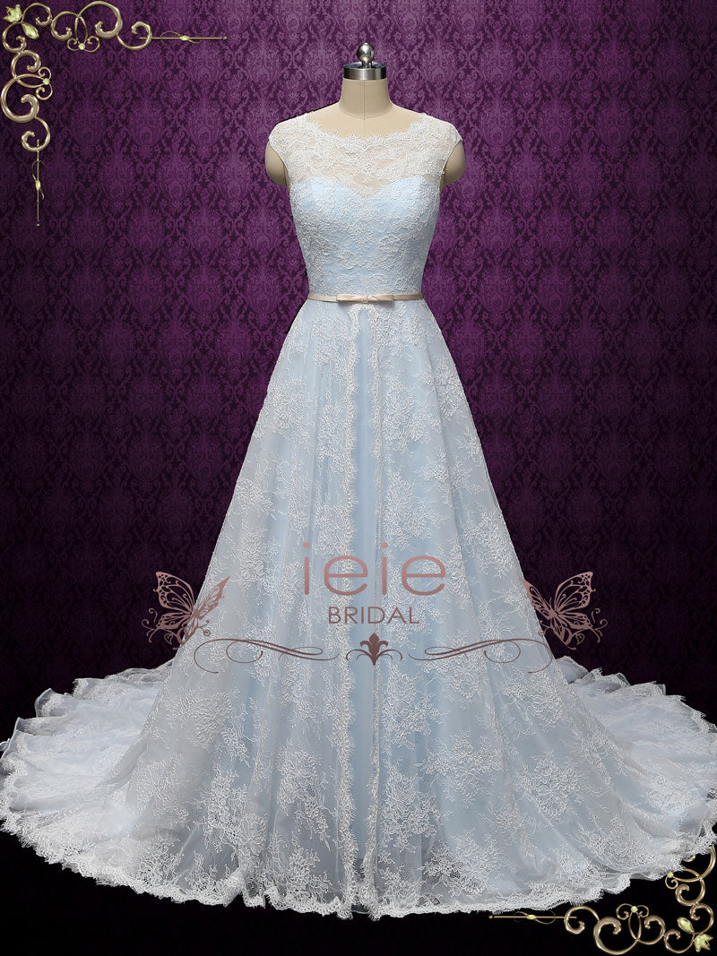Powder Blue Lace Wedding Dress with Center Split Lace Skirt CHARICE – ieie
