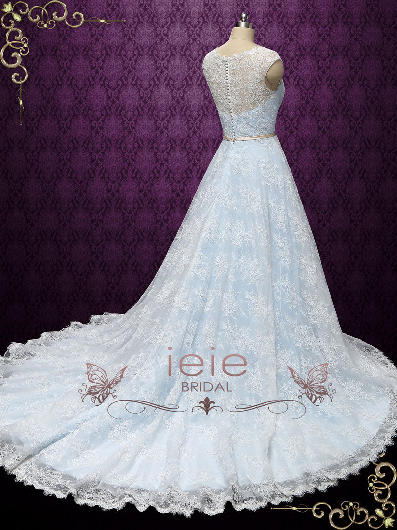 Powder Blue Lace Wedding Dress with Center Split Lace Skirt CHARICE – ieie