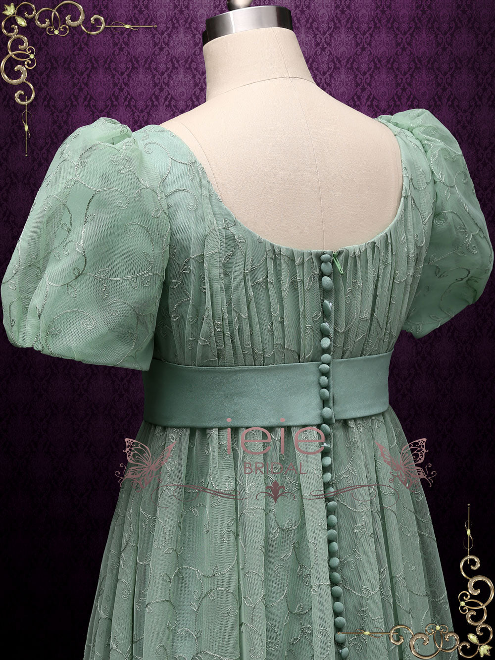 Green Regency Style Empire Dress with Floral Lace JOANNE – ieie