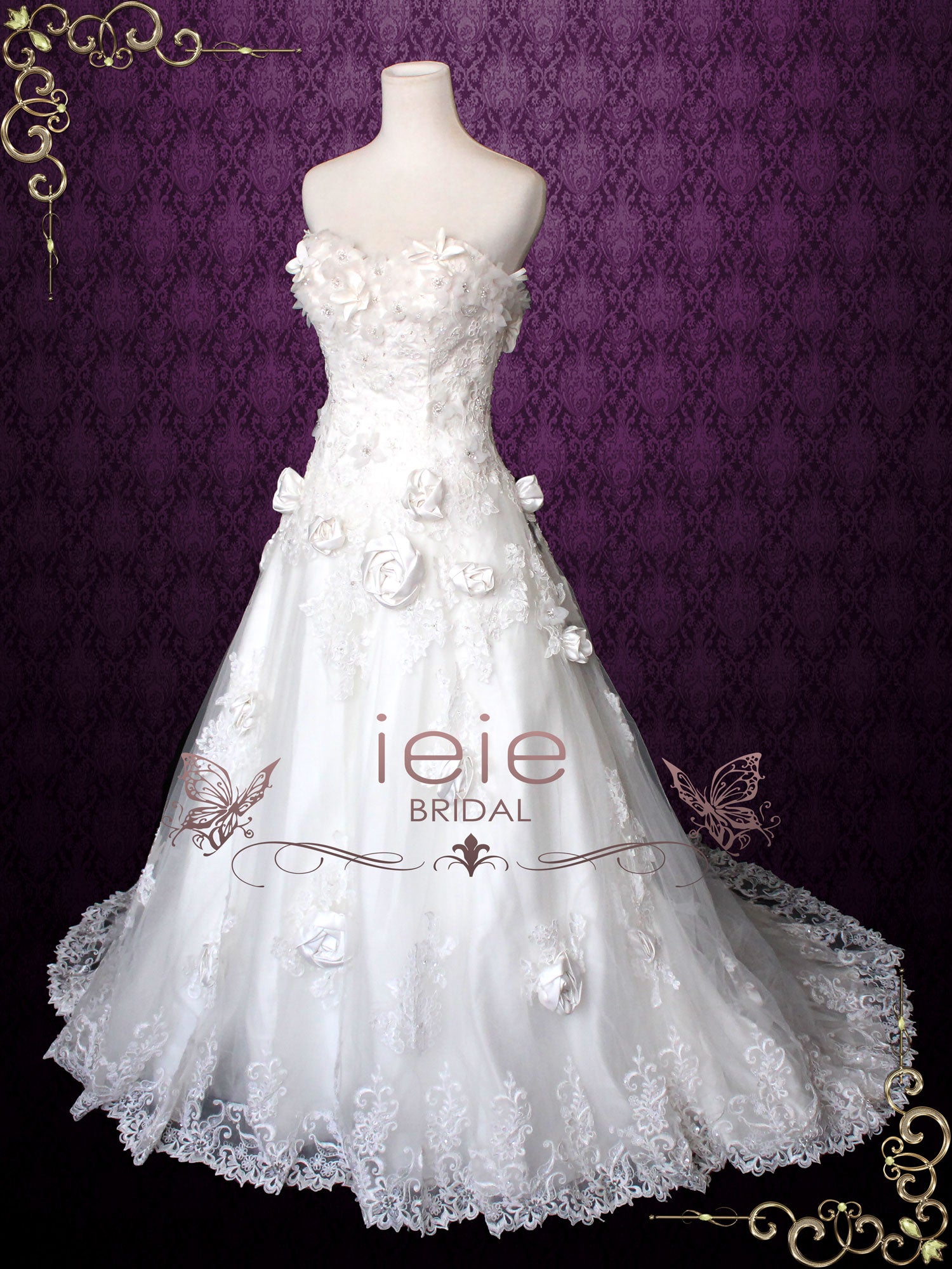 Strapless A-line Floral Rosette Adorned Lace Wedding Gown CATIE – ieie
