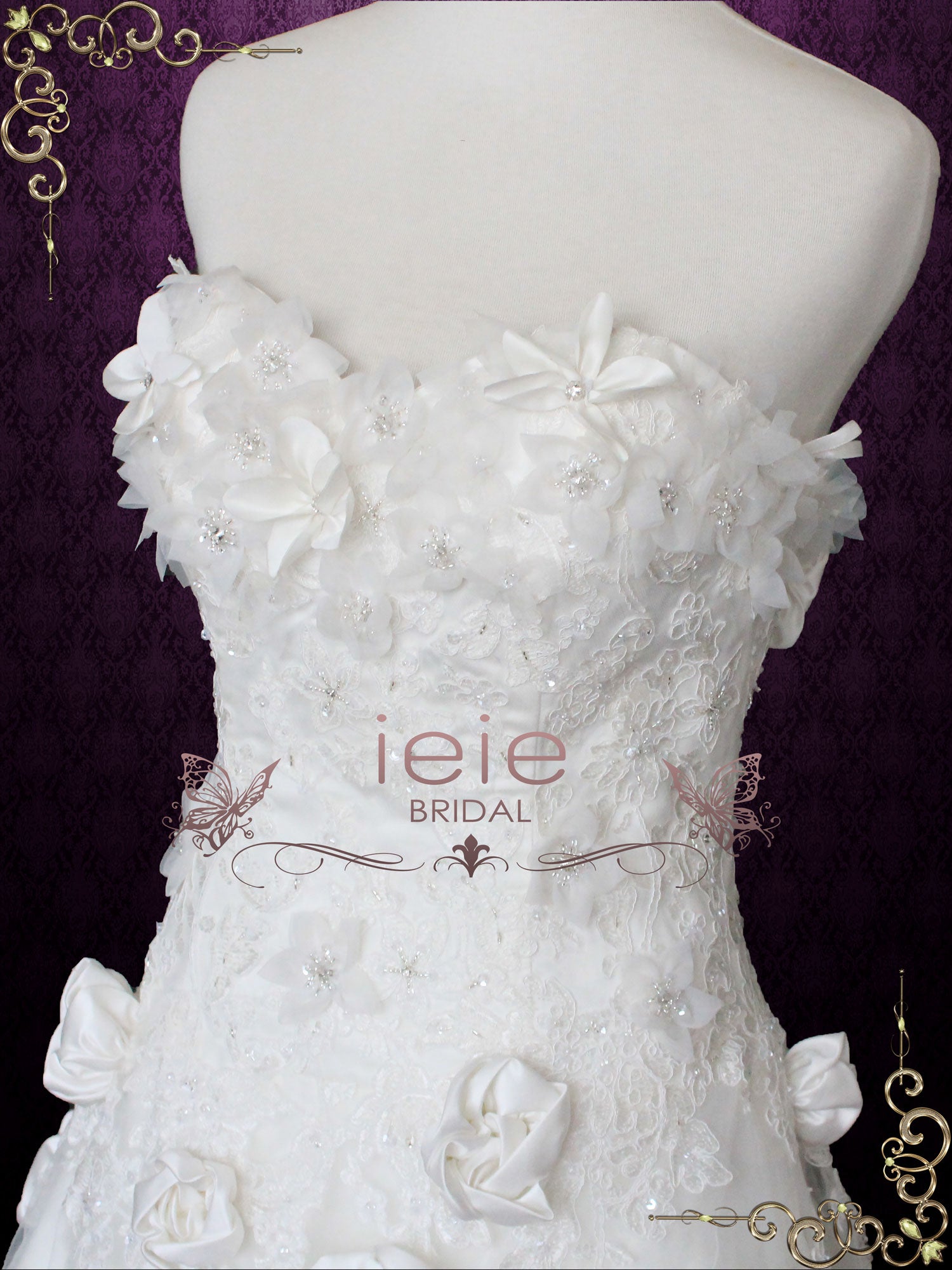 Strapless A-line Floral Rosette Adorned Lace Wedding Gown CATIE – ieie